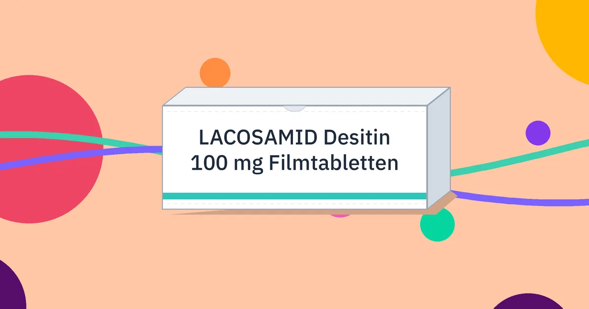 Symbolbild: Packung mit der Aufschrift LACOSAMID Desitin 100 mg Filmtabletten (PZN 17897253) – Verfügbarkeit und Bezug in Apotheken in Frankfurt am Main