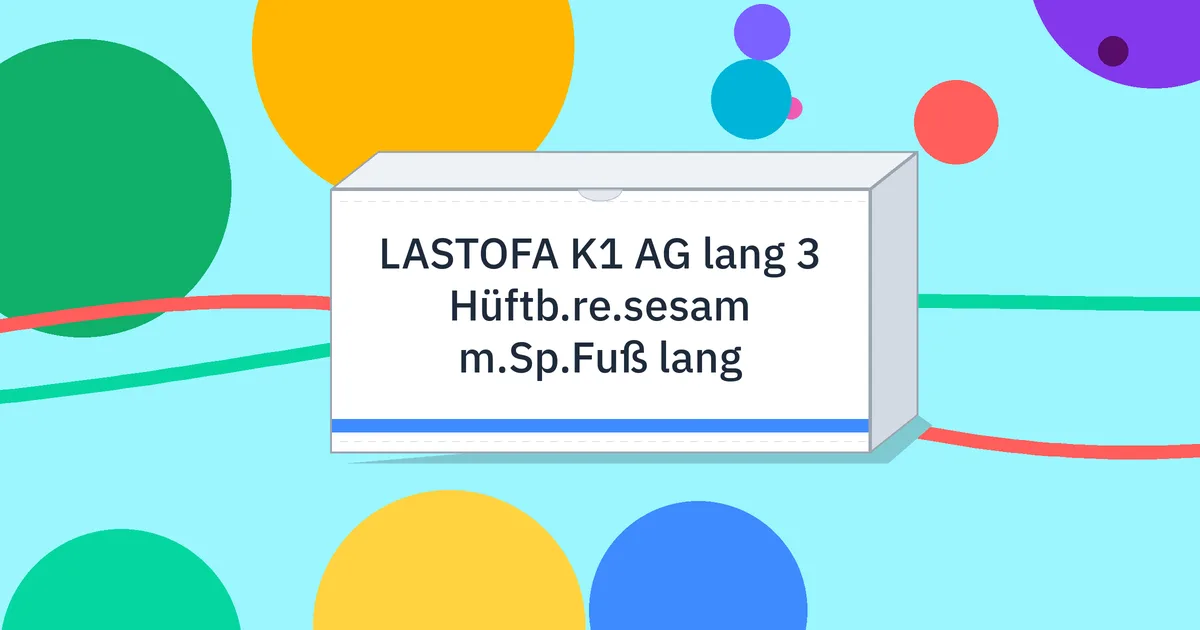 Symbolbild: Packung mit der Aufschrift LASTOFA K1 AG lang 3 Hüftb.re.sesam m.Sp.Fuß lang (PZN 13798169) – Verfügbarkeit und Bezug in Apotheken in Frankfurt am Main