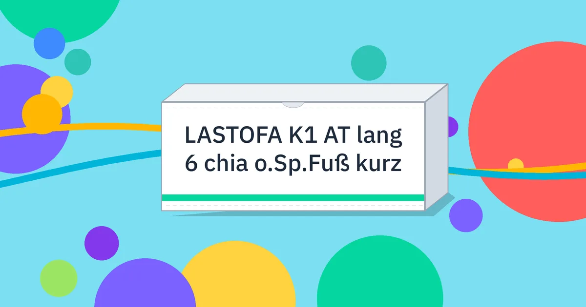Symbolbild: Packung mit der Aufschrift LASTOFA K1 AT lang 6 chia o.Sp.Fuß kurz (PZN 13796868) – Verfügbarkeit und Bezug in Apotheken in Frankfurt am Main