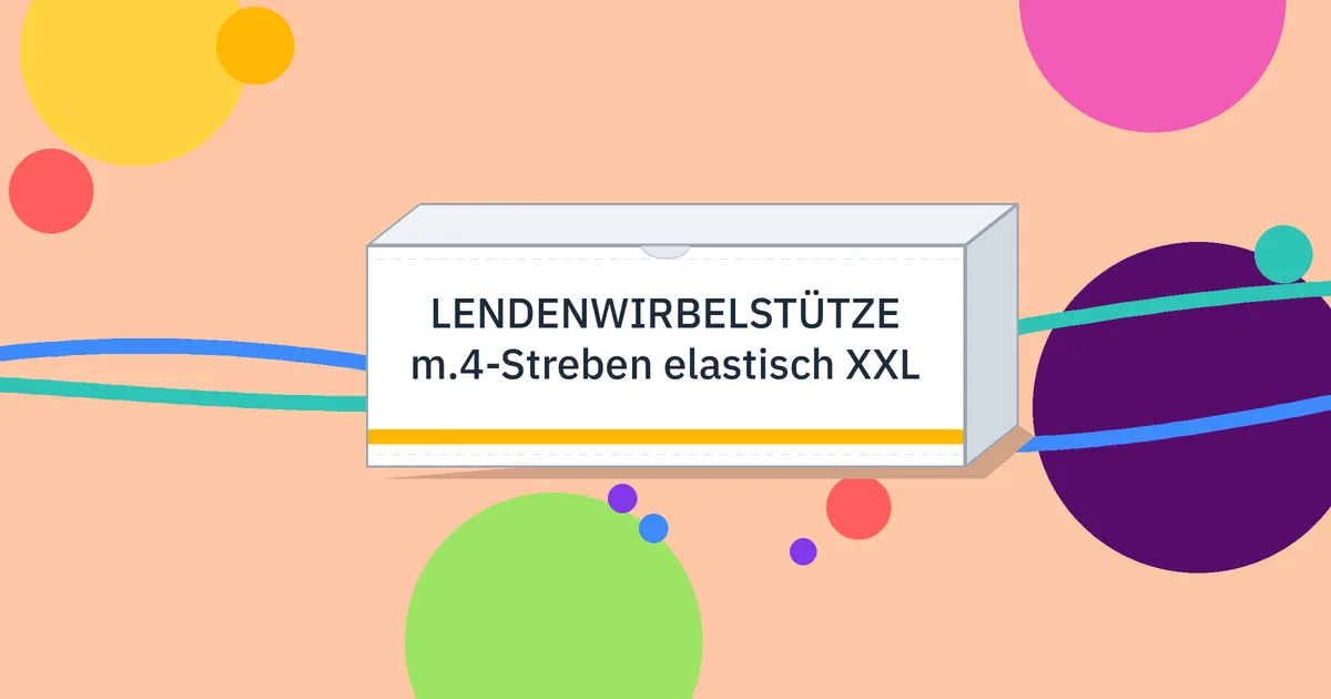 Symbolbild: Packung mit der Aufschrift LENDENWIRBELSTÜTZE m.4-Streben elastisch XXL (PZN 19070954) – Verfügbarkeit und Bezug in Apotheken in Frankfurt am Main
