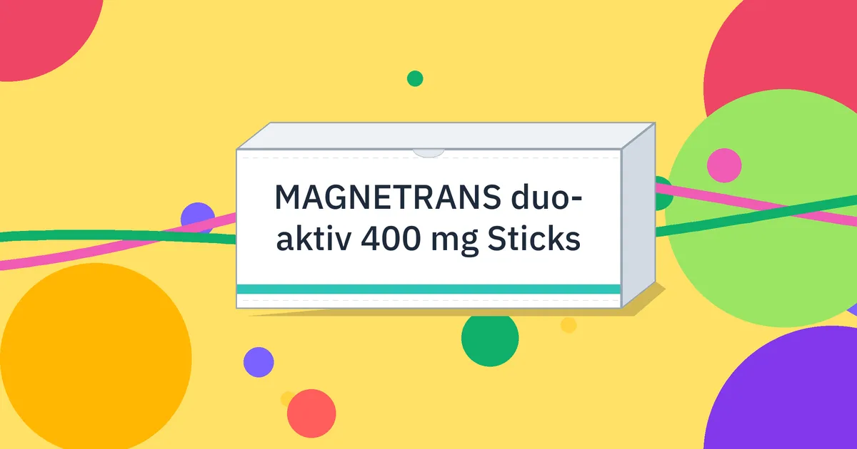 Symbolbild: Packung mit der Aufschrift MAGNETRANS duo-aktiv 400 mg Sticks (PZN 14367603) – Verfügbarkeit und Bezug in Apotheken in Frankfurt am Main