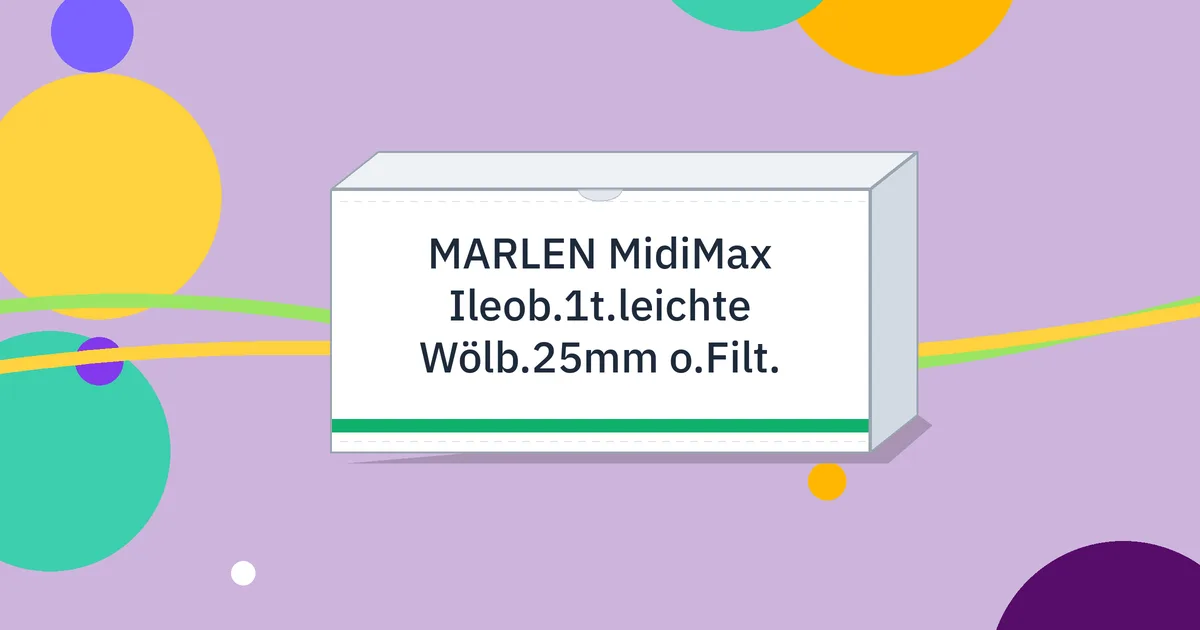 Symbolbild: Packung mit der Aufschrift MARLEN MidiMax Ileob.1t.leichte Wölb.25mm o.Filt. (PZN 16658500) – Verfügbarkeit und Bezug in Apotheken in Frankfurt am Main