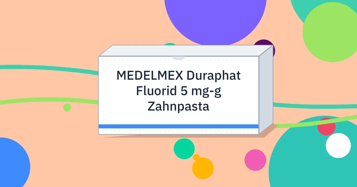 Symbolbild: Packung mit der Aufschrift MEDELMEX Duraphat Fluorid 5 mg-g Zahnpasta (PZN 18399184) – Verfügbarkeit und Bezug in Apotheken in Frankfurt am Main