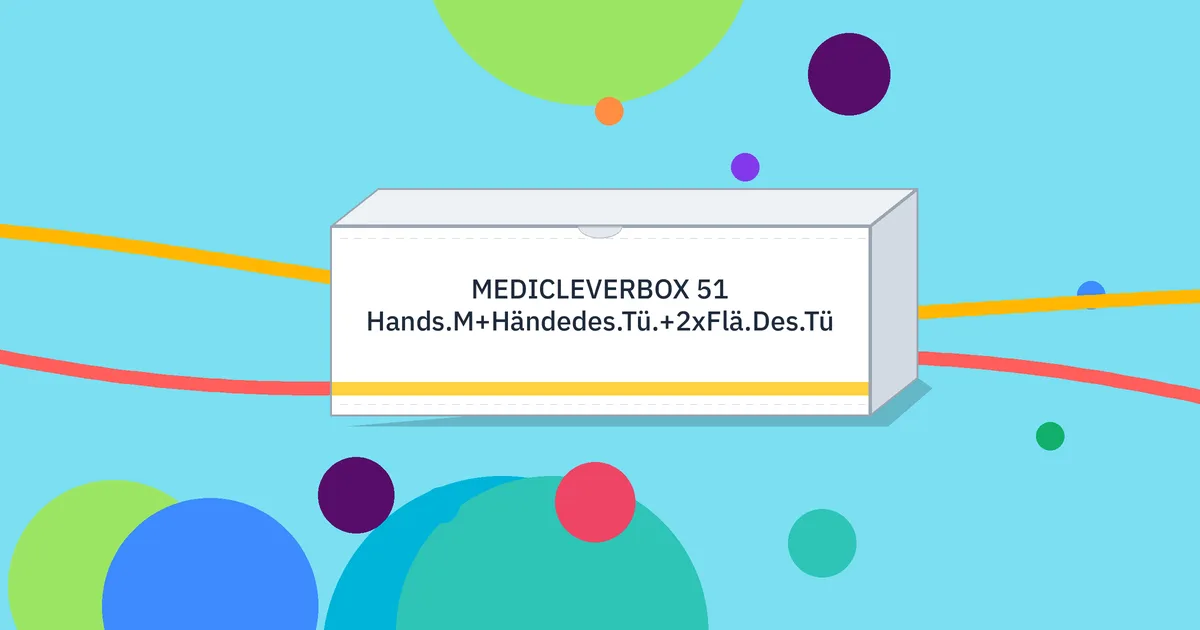 Symbolbild: Packung mit der Aufschrift MEDICLEVERBOX 51 Hands.M+Händedes.Tü.+2xFlä.Des.Tü (PZN 19335625) – Verfügbarkeit und Bezug in Apotheken in Frankfurt am Main