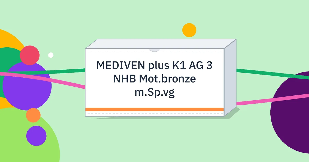 Symbolbild: Packung mit der Aufschrift MEDIVEN plus K1 AG 3 NHB Mot.bronze m.Sp.vg (PZN 15915975) – Verfügbarkeit und Bezug in Apotheken in Frankfurt am Main