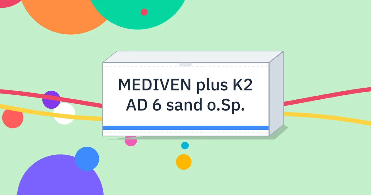 Symbolbild: Packung mit der Aufschrift MEDIVEN plus K2 AD 6 sand o.Sp. (PZN 18946261) – Verfügbarkeit und Bezug in Apotheken in Frankfurt am Main