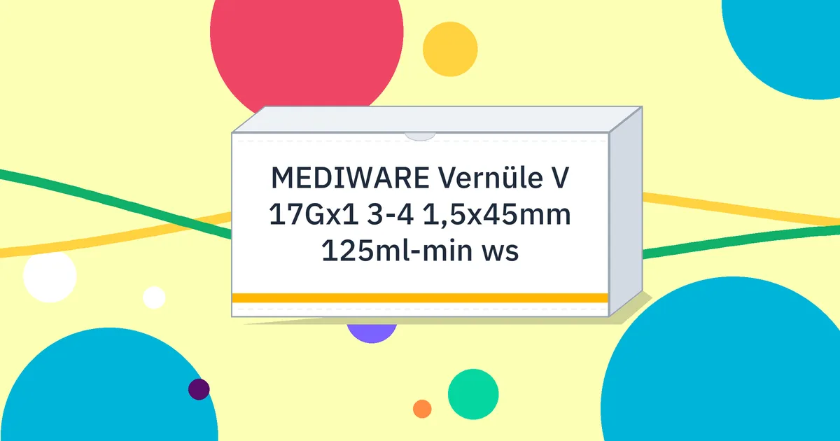 Symbolbild: Packung mit der Aufschrift MEDIWARE Vernüle V 17Gx1 3-4 1,5x45mm 125ml-min ws (PZN 16034314) – Verfügbarkeit und Bezug in Apotheken in Frankfurt am Main