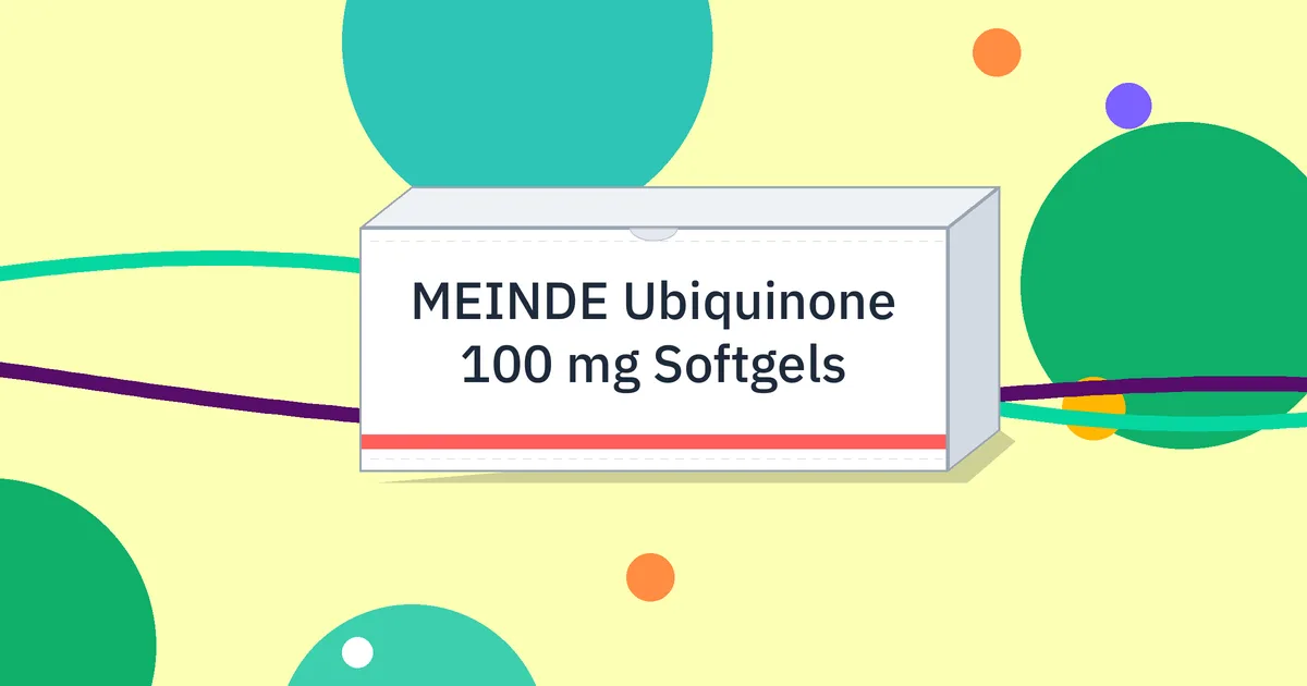 Symbolbild: Packung mit der Aufschrift MEINDE Ubiquinone 100 mg Softgels (PZN 20104032) – Verfügbarkeit und Bezug in Apotheken in Frankfurt am Main