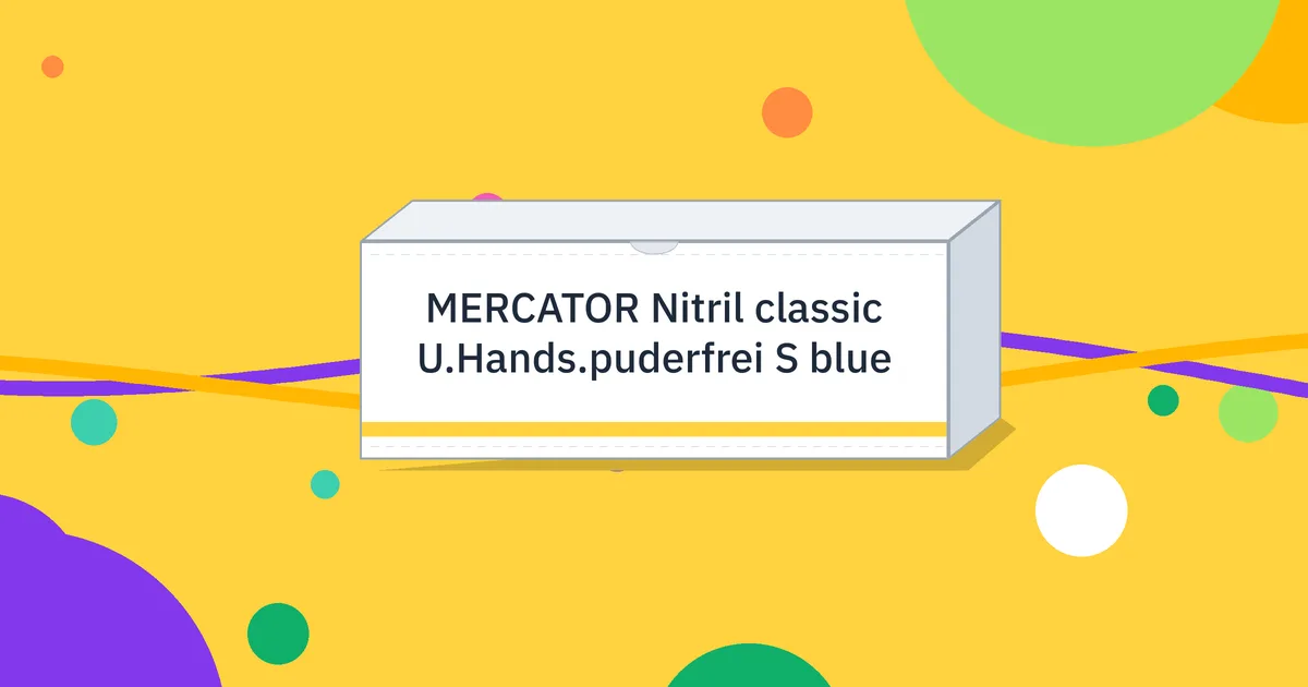 Symbolbild: Packung mit der Aufschrift MERCATOR Nitril classic U.Hands.puderfrei S blue (PZN 19843089) – Verfügbarkeit und Bezug in Apotheken in Frankfurt am Main