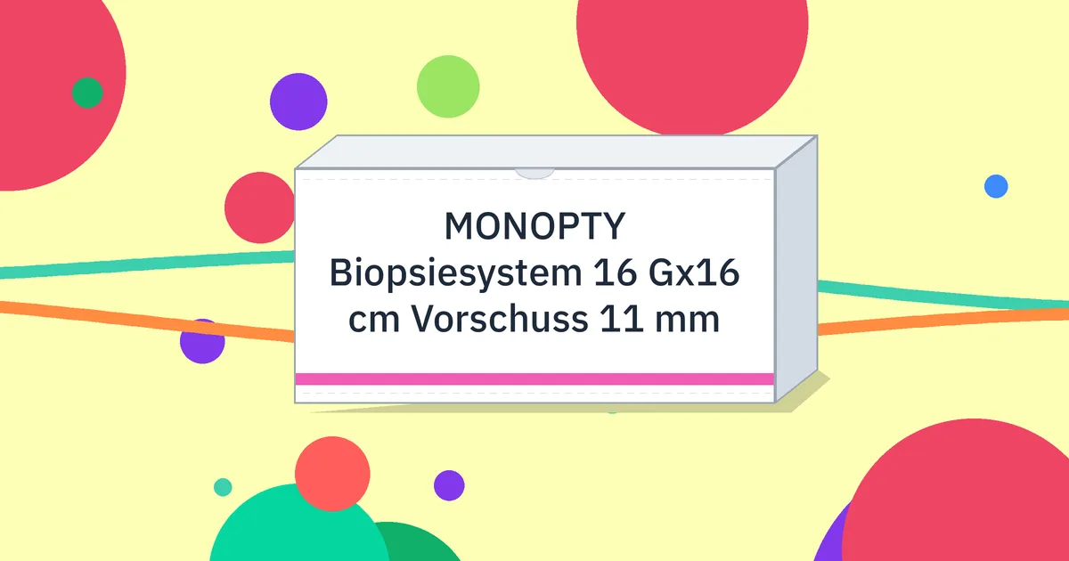 Symbolbild: Packung mit der Aufschrift MONOPTY Biopsiesystem 16 Gx16 cm Vorschuss 11 mm (PZN 03472946) – Verfügbarkeit und Bezug in Apotheken in Frankfurt am Main
