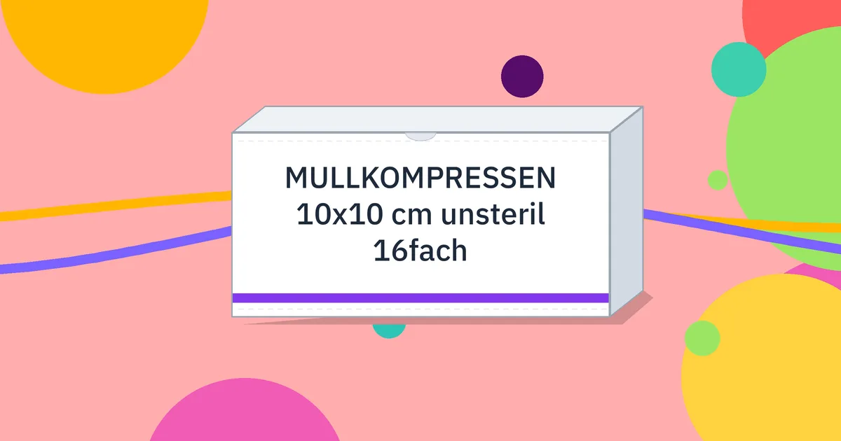 Symbolbild: Packung mit der Aufschrift MULLKOMPRESSEN 10x10 cm unsteril 16fach (PZN 09945802) – Verfügbarkeit und Bezug in Apotheken in Frankfurt am Main