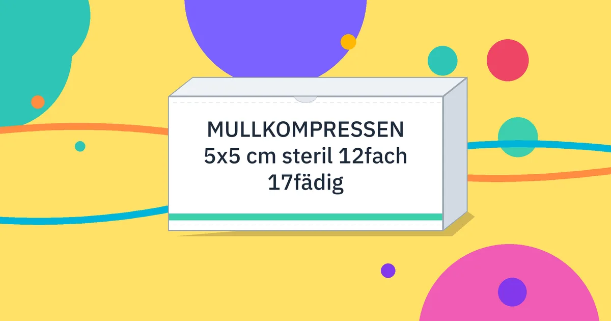 Symbolbild: Packung mit der Aufschrift MULLKOMPRESSEN 5x5 cm steril 12fach 17fädig (PZN 04493577) – Verfügbarkeit und Bezug in Apotheken in Frankfurt am Main