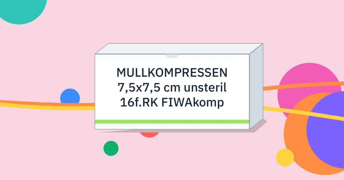 Symbolbild: Packung mit der Aufschrift MULLKOMPRESSEN 7,5x7,5 cm unsteril 16f.RK FIWAkomp (PZN 11860674) – Verfügbarkeit und Bezug in Apotheken in Frankfurt am Main