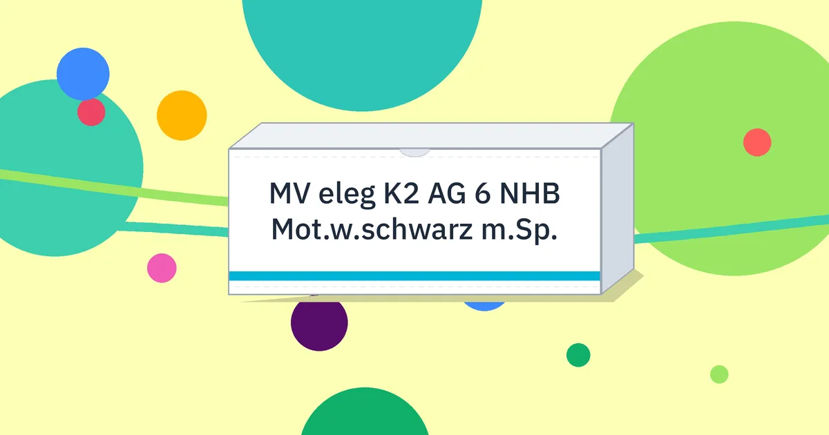 Symbolbild: Packung mit der Aufschrift MV eleg K2 AG 6 NHB Mot.w.schwarz m.Sp. (PZN 15727883) – Verfügbarkeit und Bezug in Apotheken in Frankfurt am Main