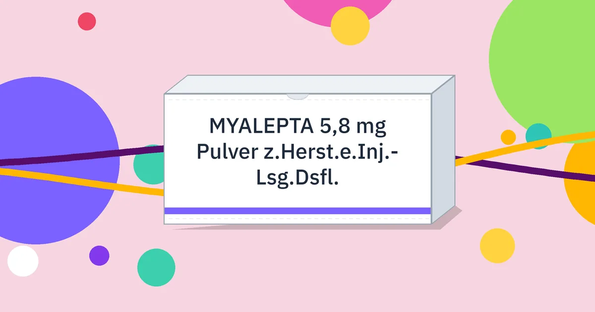 Symbolbild: Packung mit der Aufschrift MYALEPTA 5,8 mg Pulver z.Herst.e.Inj.-Lsg.Dsfl. (PZN 14042309) – Verfügbarkeit und Bezug in Apotheken in Frankfurt am Main
