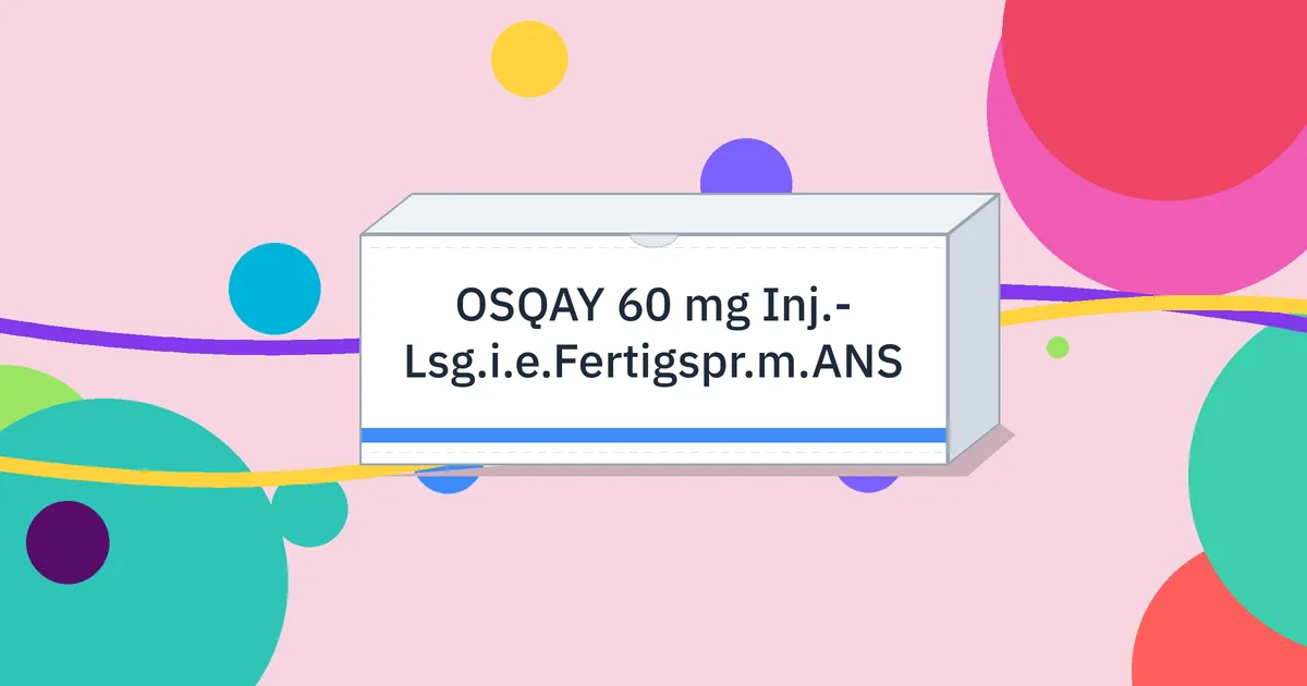 Symbolbild: Packung mit der Aufschrift OSQAY 60 mg Inj.-Lsg.i.e.Fertigspr.m.ANS (PZN 20315579) – Verfügbarkeit und Bezug in Apotheken in Frankfurt am Main