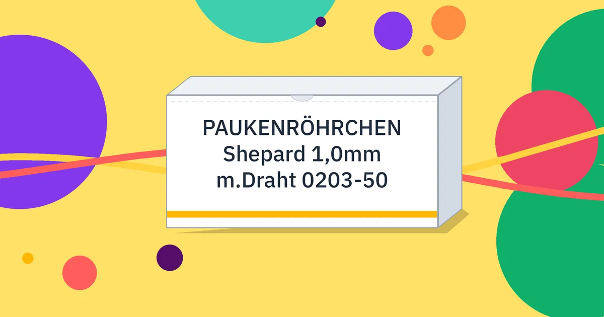 Symbolbild: Packung mit der Aufschrift PAUKENRÖHRCHEN Shepard 1,0mm m.Draht 0203-50 (PZN 00186252) – Verfügbarkeit und Bezug in Apotheken in Frankfurt am Main