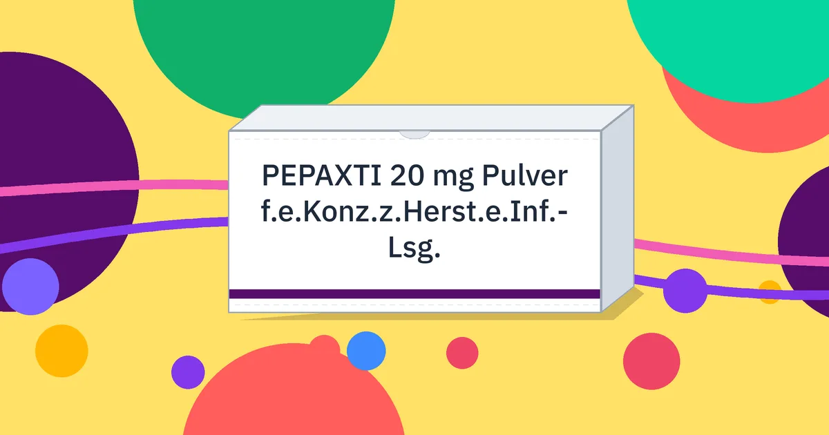 Symbolbild: Packung mit der Aufschrift PEPAXTI 20 mg Pulver f.e.Konz.z.Herst.e.Inf.-Lsg. (PZN 18097477) – Verfügbarkeit und Bezug in Apotheken in Frankfurt am Main