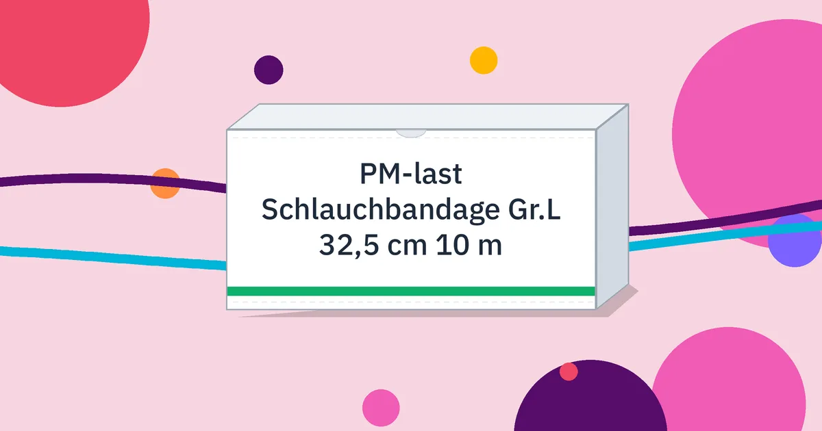Symbolbild: Packung mit der Aufschrift PM-last Schlauchbandage Gr.L 32,5 cm 10 m (PZN 18845962) – Verfügbarkeit und Bezug in Apotheken in Frankfurt am Main