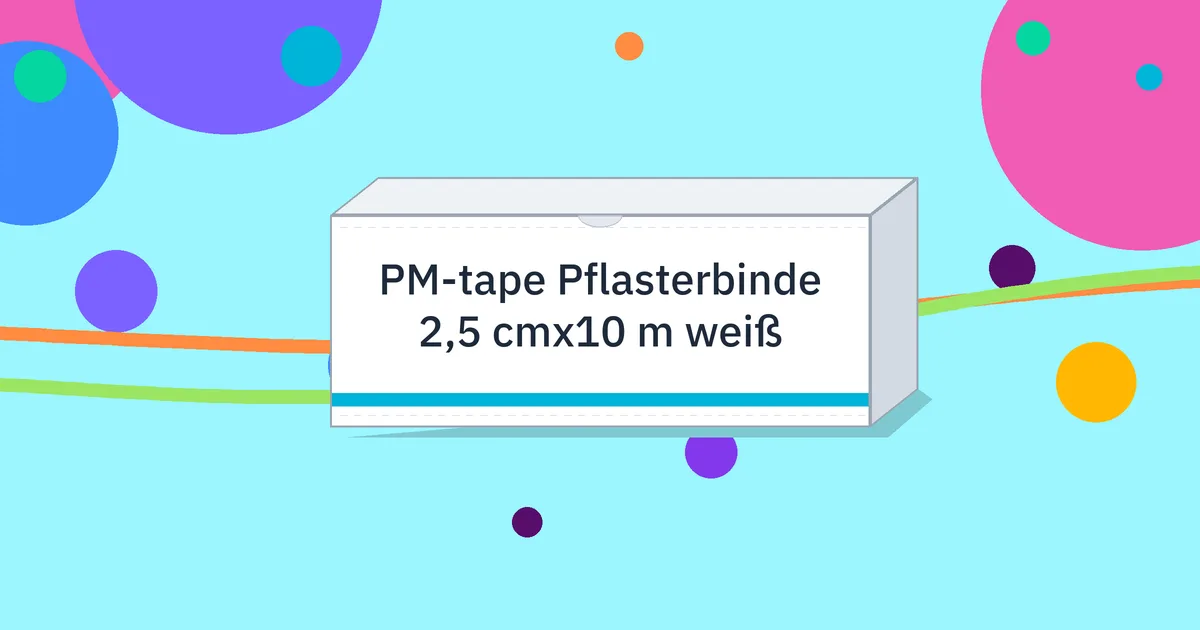 Symbolbild: Packung mit der Aufschrift PM-tape Pflasterbinde 2,5 cmx10 m weiß (PZN 18846677) – Verfügbarkeit und Bezug in Apotheken in Frankfurt am Main