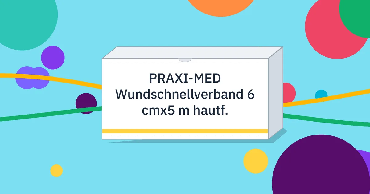 Symbolbild: Packung mit der Aufschrift PRAXI-MED Wundschnellverband 6 cmx5 m hautf. (PZN 12827130) – Verfügbarkeit und Bezug in Apotheken in Frankfurt am Main