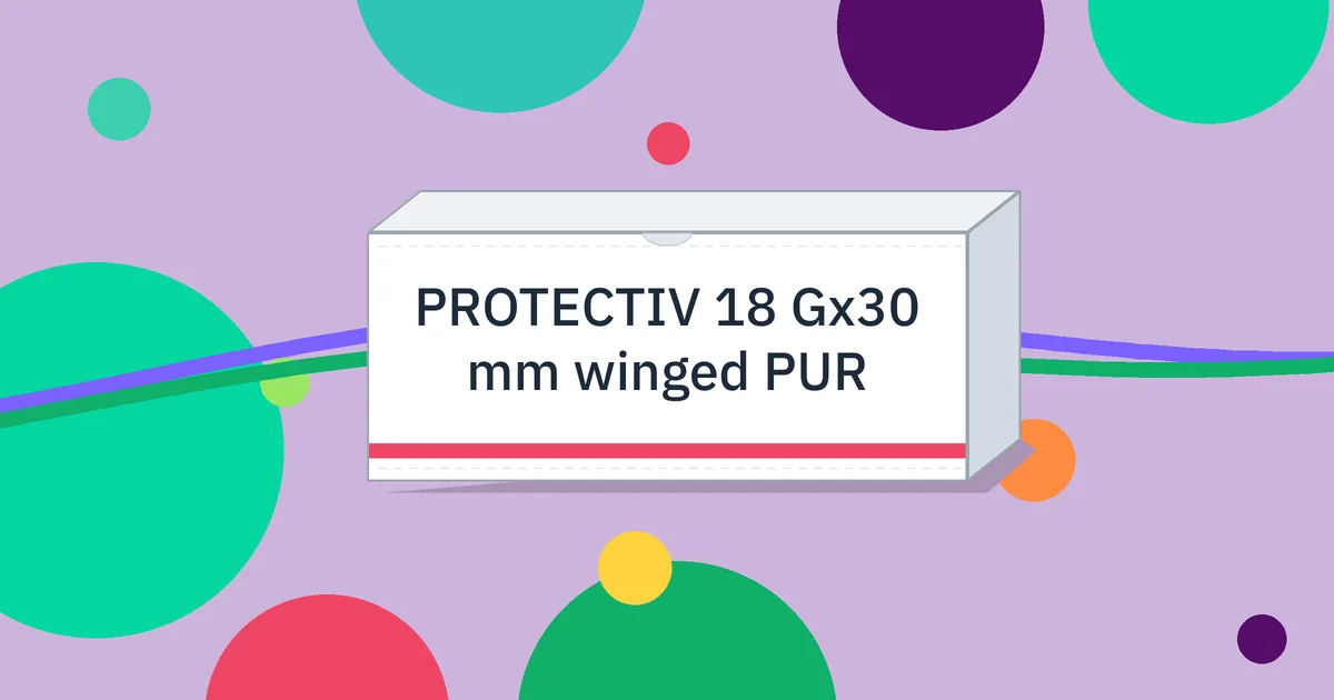 Symbolbild: Packung mit der Aufschrift PROTECTIV 18 Gx30 mm winged PUR (PZN 09104563) – Verfügbarkeit und Bezug in Apotheken in Frankfurt am Main