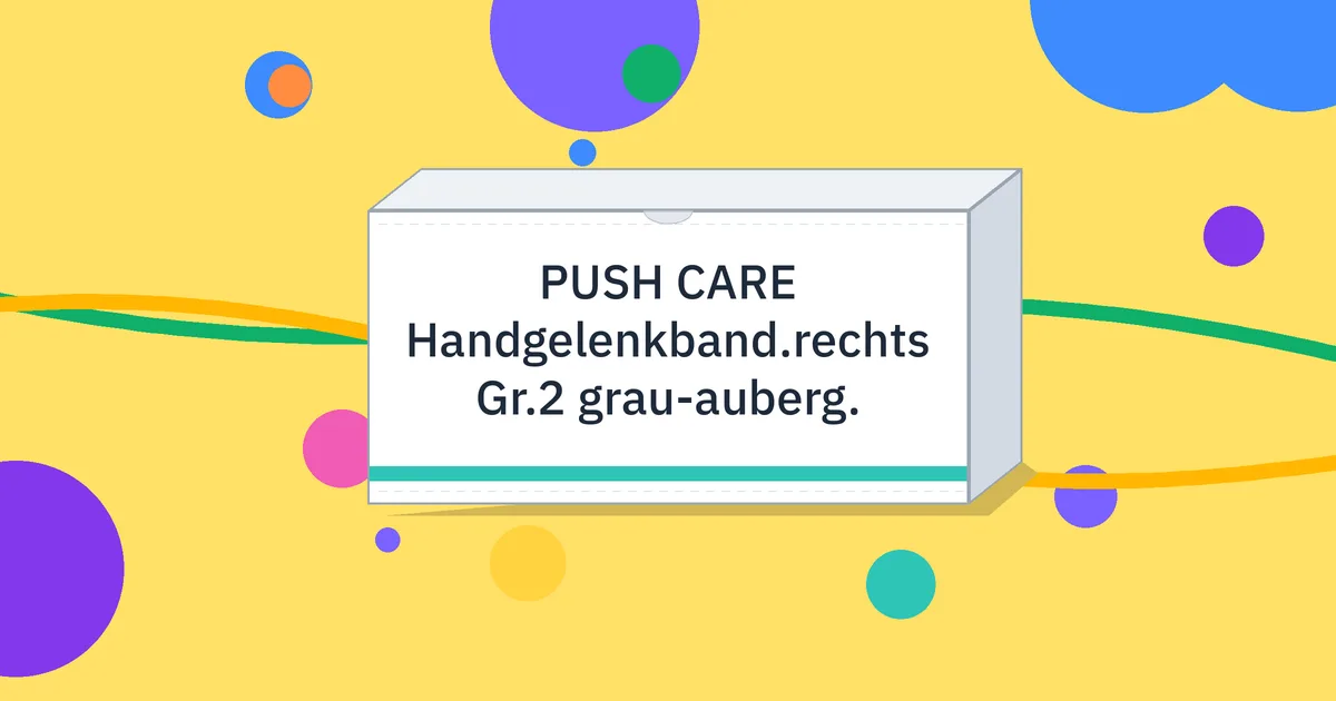 Symbolbild: Packung mit der Aufschrift PUSH CARE Handgelenkband.rechts Gr.2 grau-auberg. (PZN 04860461) – Verfügbarkeit und Bezug in Apotheken in Frankfurt am Main