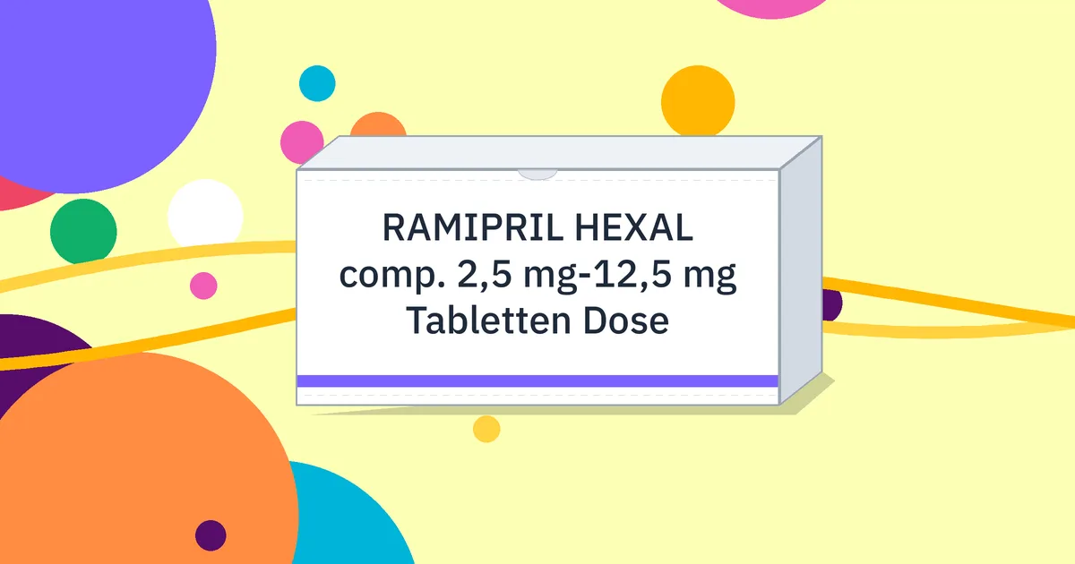 Symbolbild: Packung mit der Aufschrift RAMIPRIL HEXAL comp. 2,5 mg-12,5 mg Tabletten Dose (PZN 17420901) – Verfügbarkeit und Bezug in Apotheken in Frankfurt am Main