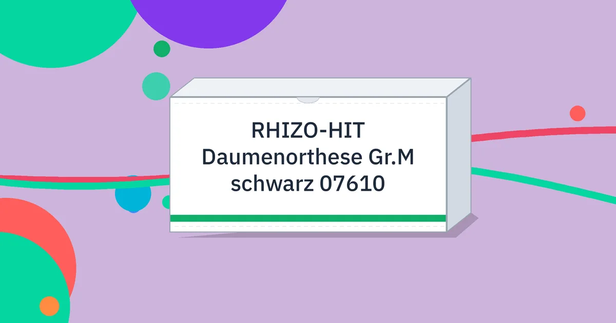 Symbolbild: Packung mit der Aufschrift RHIZO-HIT Daumenorthese Gr.M schwarz 07610 (PZN 03266566) – Verfügbarkeit und Bezug in Apotheken in Frankfurt am Main
