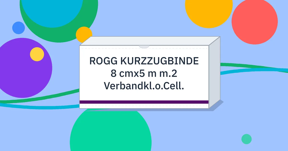 Symbolbild: Packung mit der Aufschrift ROGG KURZZUGBINDE 8 cmx5 m m.2 Verbandkl.o.Cell. (PZN 16531165) – Verfügbarkeit und Bezug in Apotheken in Frankfurt am Main