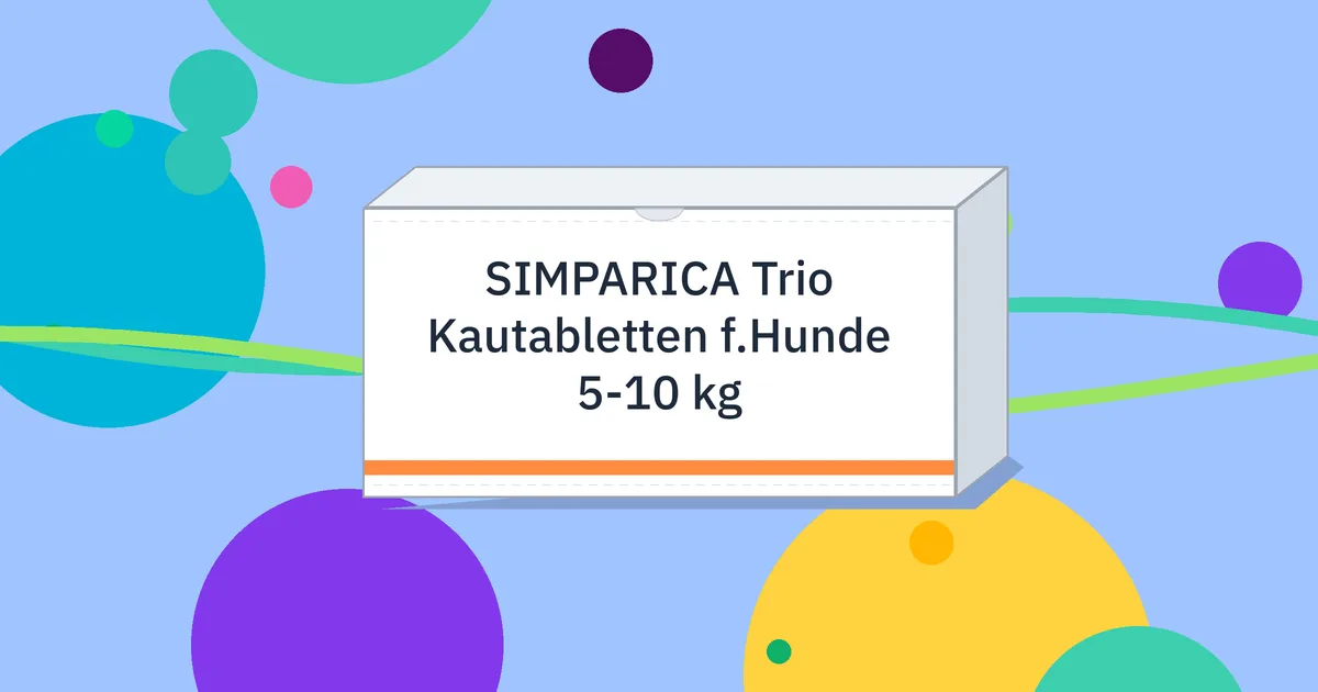 Symbolbild: Packung mit der Aufschrift SIMPARICA Trio Kautabletten f.Hunde 5-10 kg (PZN 17150755) – Verfügbarkeit und Bezug in Apotheken in Frankfurt am Main