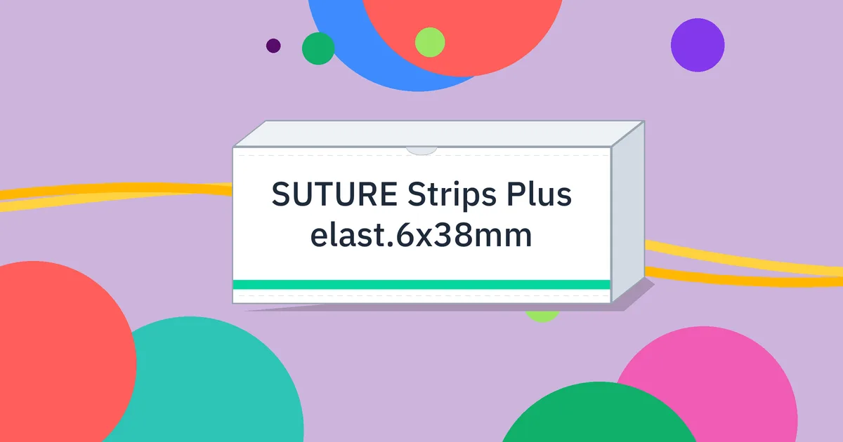 Symbolbild: Packung mit der Aufschrift SUTURE Strips Plus elast.6x38mm (PZN 00033755) – Verfügbarkeit und Bezug in Apotheken in Frankfurt am Main