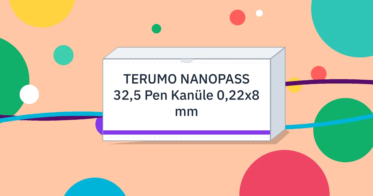 Symbolbild: Packung mit der Aufschrift TERUMO NANOPASS 32,5 Pen Kanüle 0,22x8 mm (PZN 19130544) – Verfügbarkeit und Bezug in Apotheken in Frankfurt am Main