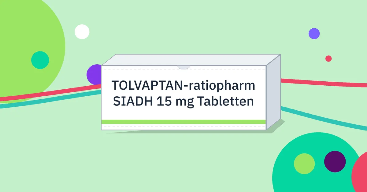 Symbolbild: Packung mit der Aufschrift TOLVAPTAN-ratiopharm SIADH 15 mg Tabletten (PZN 19761925) – Verfügbarkeit und Bezug in Apotheken in Frankfurt am Main