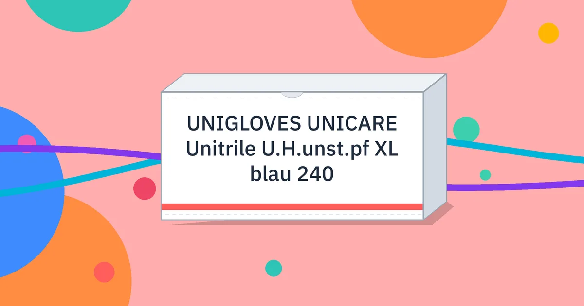 Symbolbild: Packung mit der Aufschrift UNIGLOVES UNICARE Unitrile U.H.unst.pf XL blau 240 (PZN 20189175) – Verfügbarkeit und Bezug in Apotheken in Frankfurt am Main