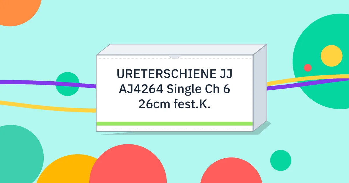 Symbolbild: Packung mit der Aufschrift URETERSCHIENE JJ AJ4264 Single Ch 6 26cm fest.K. (PZN 00753001) – Verfügbarkeit und Bezug in Apotheken in Frankfurt am Main