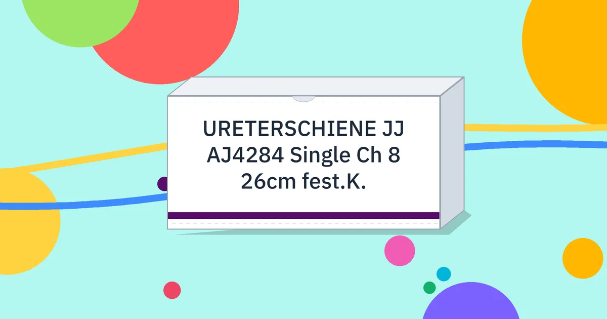 Symbolbild: Packung mit der Aufschrift URETERSCHIENE JJ AJ4284 Single Ch 8 26cm fest.K. (PZN 00753142) – Verfügbarkeit und Bezug in Apotheken in Frankfurt am Main