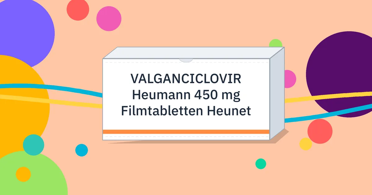 Symbolbild: Packung mit der Aufschrift VALGANCICLOVIR Heumann 450 mg Filmtabletten Heunet (PZN 16633279) – Verfügbarkeit und Bezug in Apotheken in Frankfurt am Main