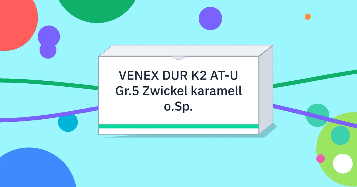 Symbolbild: Packung mit der Aufschrift VENEX DUR K2 AT-U Gr.5 Zwickel karamell o.Sp. (PZN 13759608) – Verfügbarkeit und Bezug in Apotheken in Frankfurt am Main