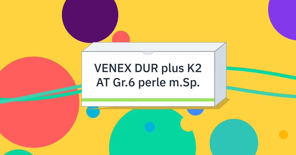 Symbolbild: Packung mit der Aufschrift VENEX DUR plus K2 AT Gr.6 perle m.Sp. (PZN 03234307) – Verfügbarkeit und Bezug in Apotheken in Frankfurt am Main