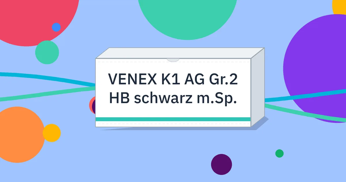 Symbolbild: Packung mit der Aufschrift VENEX K1 AG Gr.2 HB schwarz m.Sp. (PZN 03192359) – Verfügbarkeit und Bezug in Apotheken in Frankfurt am Main