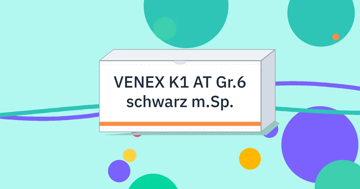 Symbolbild: Packung mit der Aufschrift VENEX K1 AT Gr.6 schwarz m.Sp. (PZN 03196920) – Verfügbarkeit und Bezug in Apotheken in Frankfurt am Main