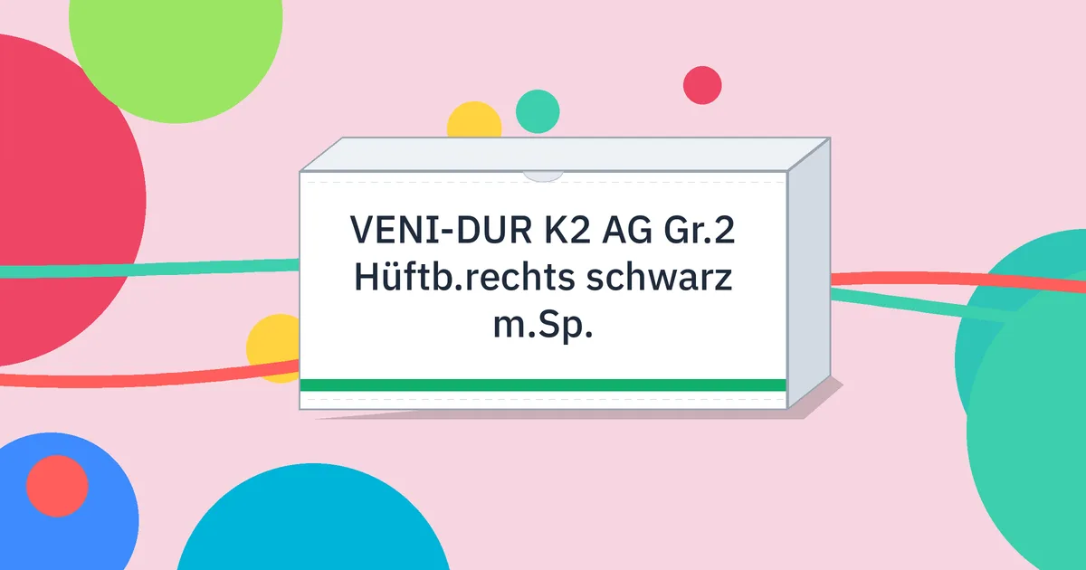 Symbolbild: Packung mit der Aufschrift VENI-DUR K2 AG Gr.2 Hüftb.rechts schwarz m.Sp. (PZN 03250418) – Verfügbarkeit und Bezug in Apotheken in Frankfurt am Main