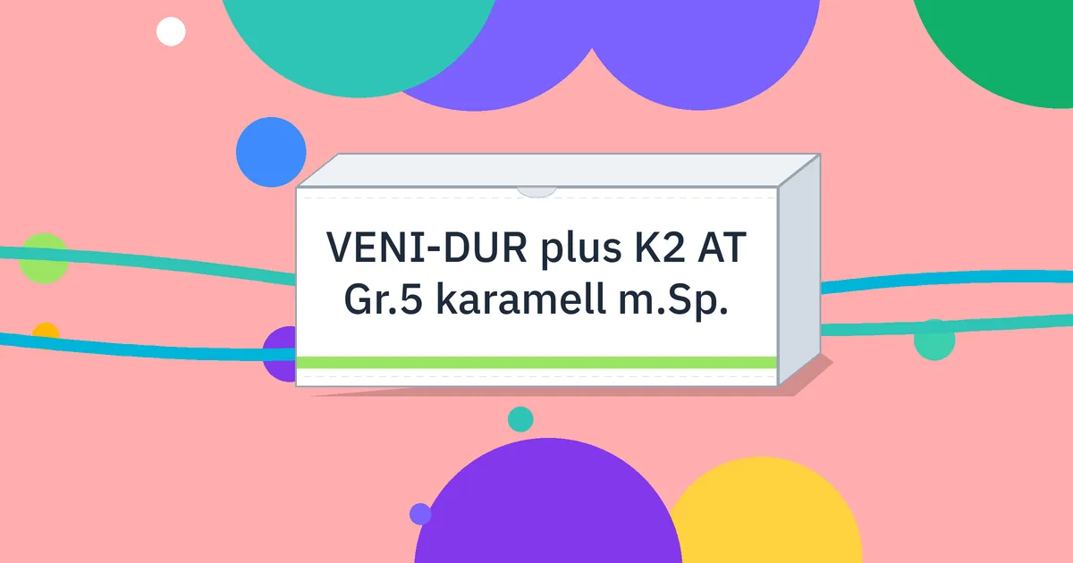Symbolbild: Packung mit der Aufschrift VENI-DUR plus K2 AT Gr.5 karamell m.Sp. (PZN 13757124) – Verfügbarkeit und Bezug in Apotheken in Frankfurt am Main