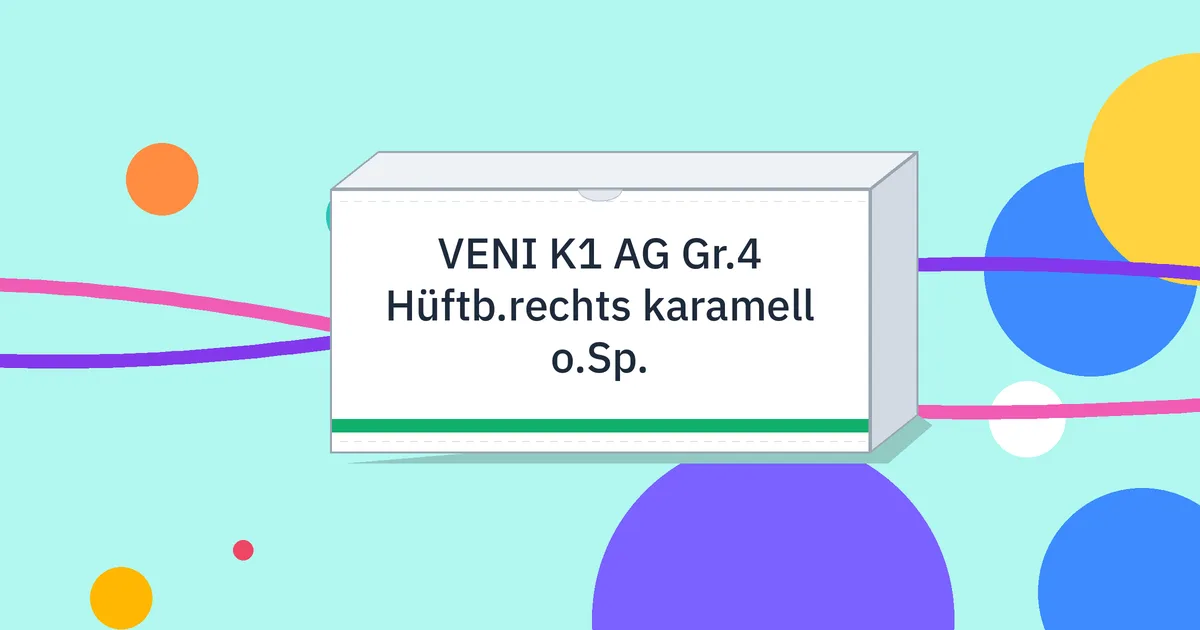 Symbolbild: Packung mit der Aufschrift VENI K1 AG Gr.4 Hüftb.rechts karamell o.Sp. (PZN 13760103) – Verfügbarkeit und Bezug in Apotheken in Frankfurt am Main