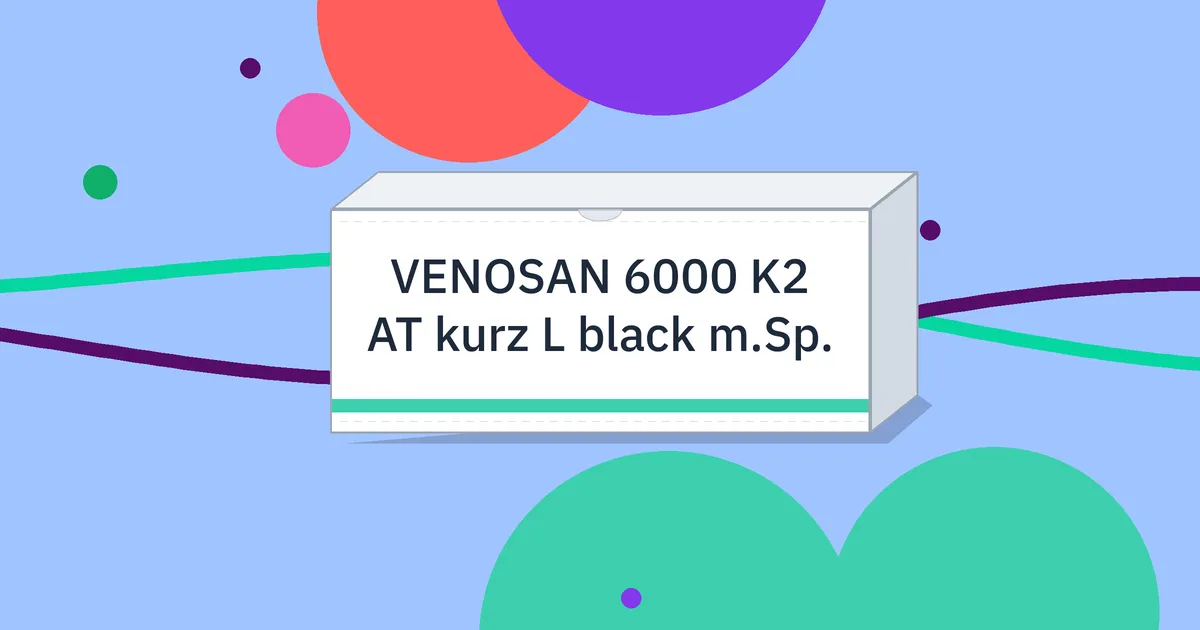Symbolbild: Packung mit der Aufschrift VENOSAN 6000 K2 AT kurz L black m.Sp. (PZN 17173325) – Verfügbarkeit und Bezug in Apotheken in Frankfurt am Main