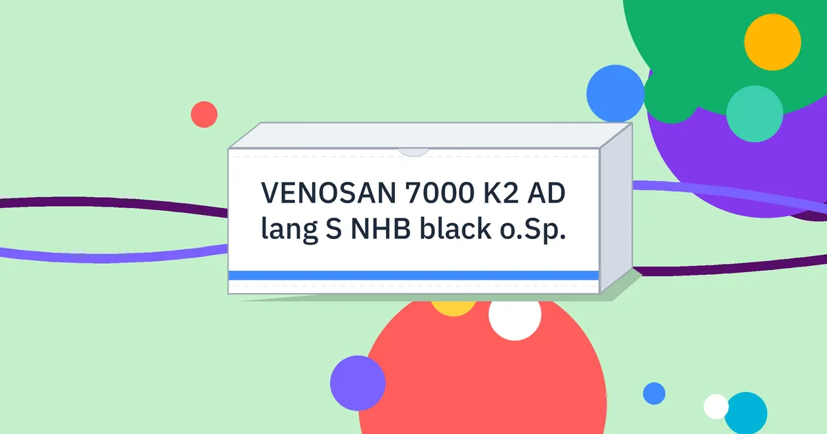 Symbolbild: Packung mit der Aufschrift VENOSAN 7000 K2 AD lang S NHB black o.Sp. (PZN 14435687) – Verfügbarkeit und Bezug in Apotheken in Frankfurt am Main