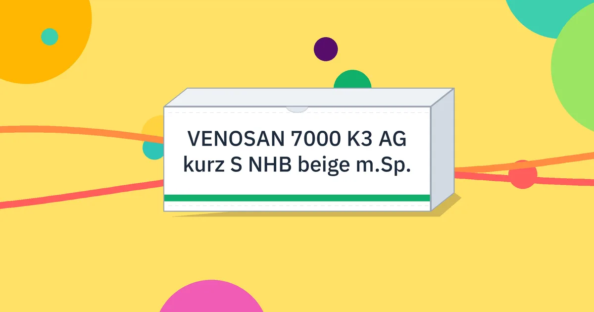 Symbolbild: Packung mit der Aufschrift VENOSAN 7000 K3 AG kurz S NHB beige m.Sp. (PZN 14435440) – Verfügbarkeit und Bezug in Apotheken in Frankfurt am Main