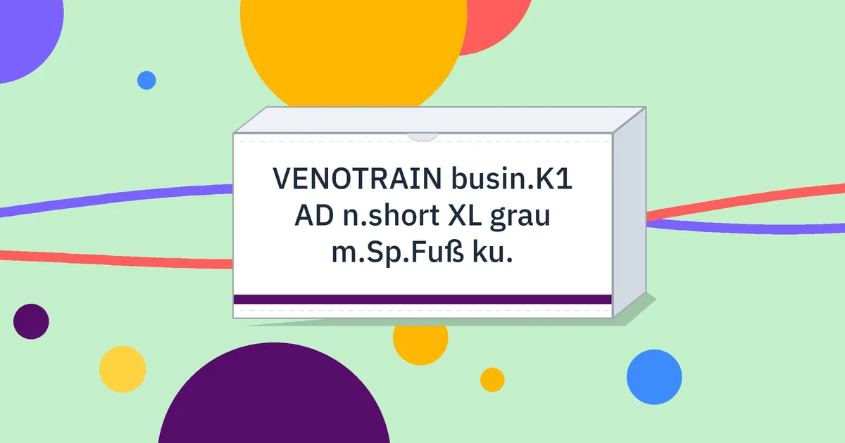 Symbolbild: Packung mit der Aufschrift VENOTRAIN busin.K1 AD n.short XL grau m.Sp.Fuß ku. (PZN 19057184) – Verfügbarkeit und Bezug in Apotheken in Frankfurt am Main