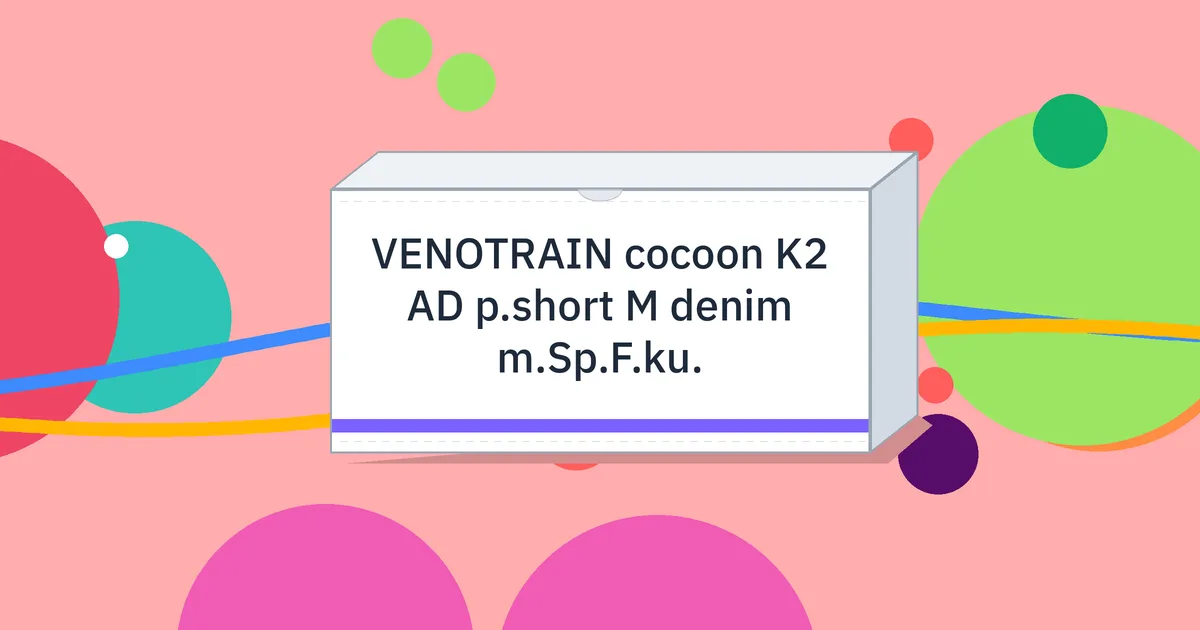 Symbolbild: Packung mit der Aufschrift VENOTRAIN cocoon K2 AD p.short M denim m.Sp.F.ku. (PZN 19198973) – Verfügbarkeit und Bezug in Apotheken in Frankfurt am Main